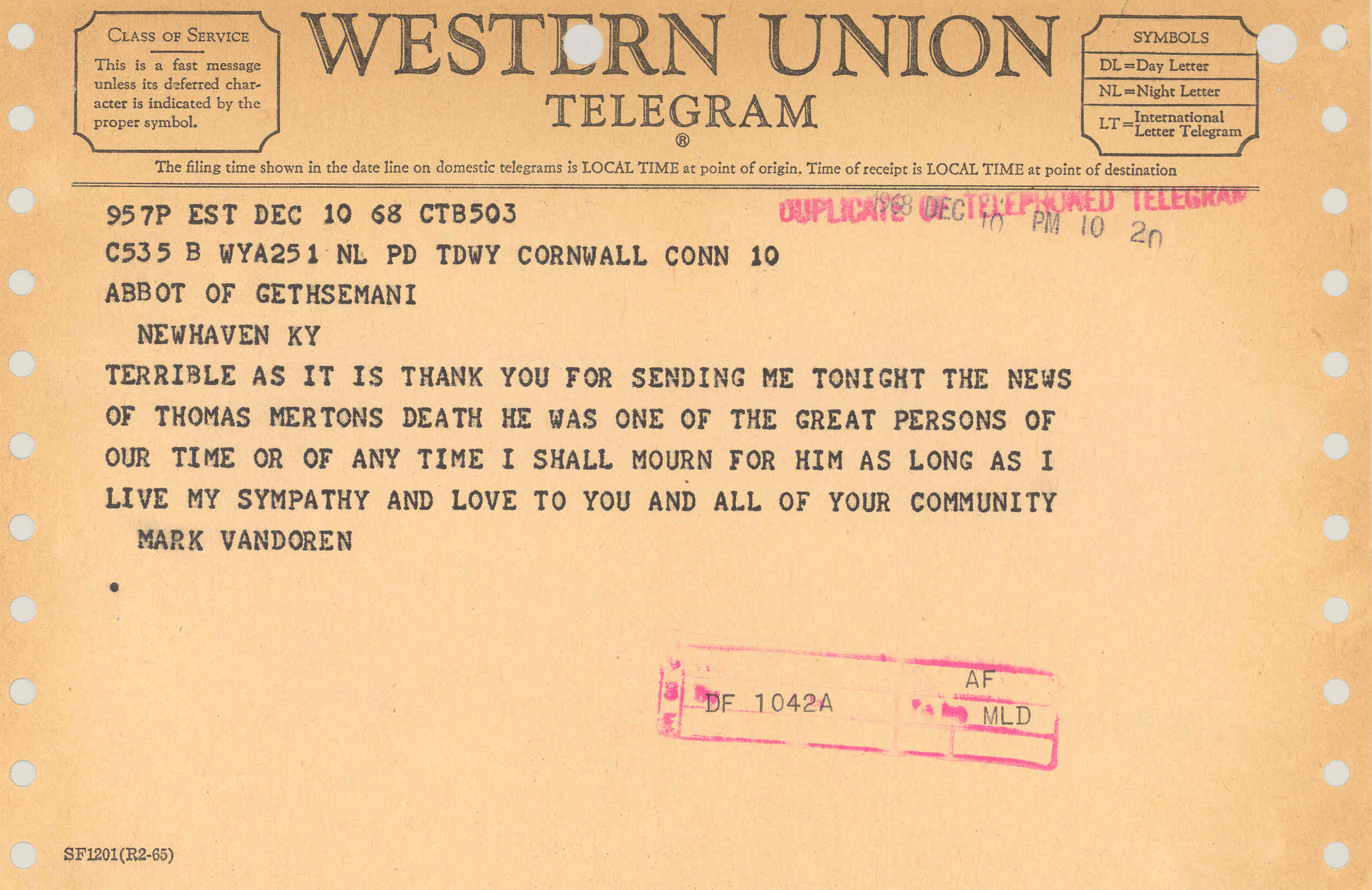 Selected Correspondence, Documents and Telegrams - Thomas Merton Center